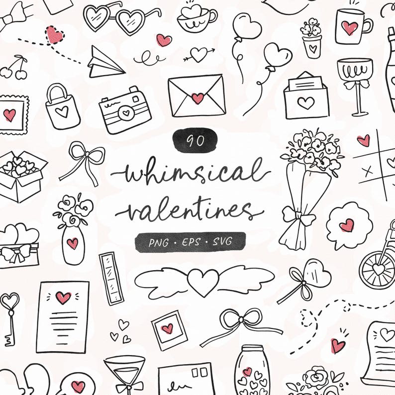 90 Whimsical Valentine's Clipart Day Bundle, Whimsical Illustrations, 6 ...