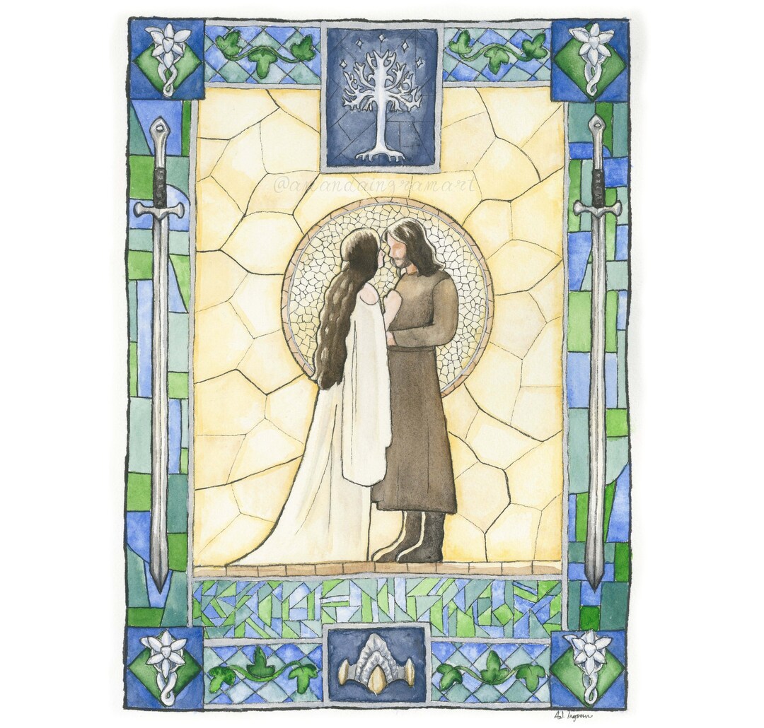 Middle Earth Romance, 8x10" Watercolour Art Print, Stained Glass Style ...