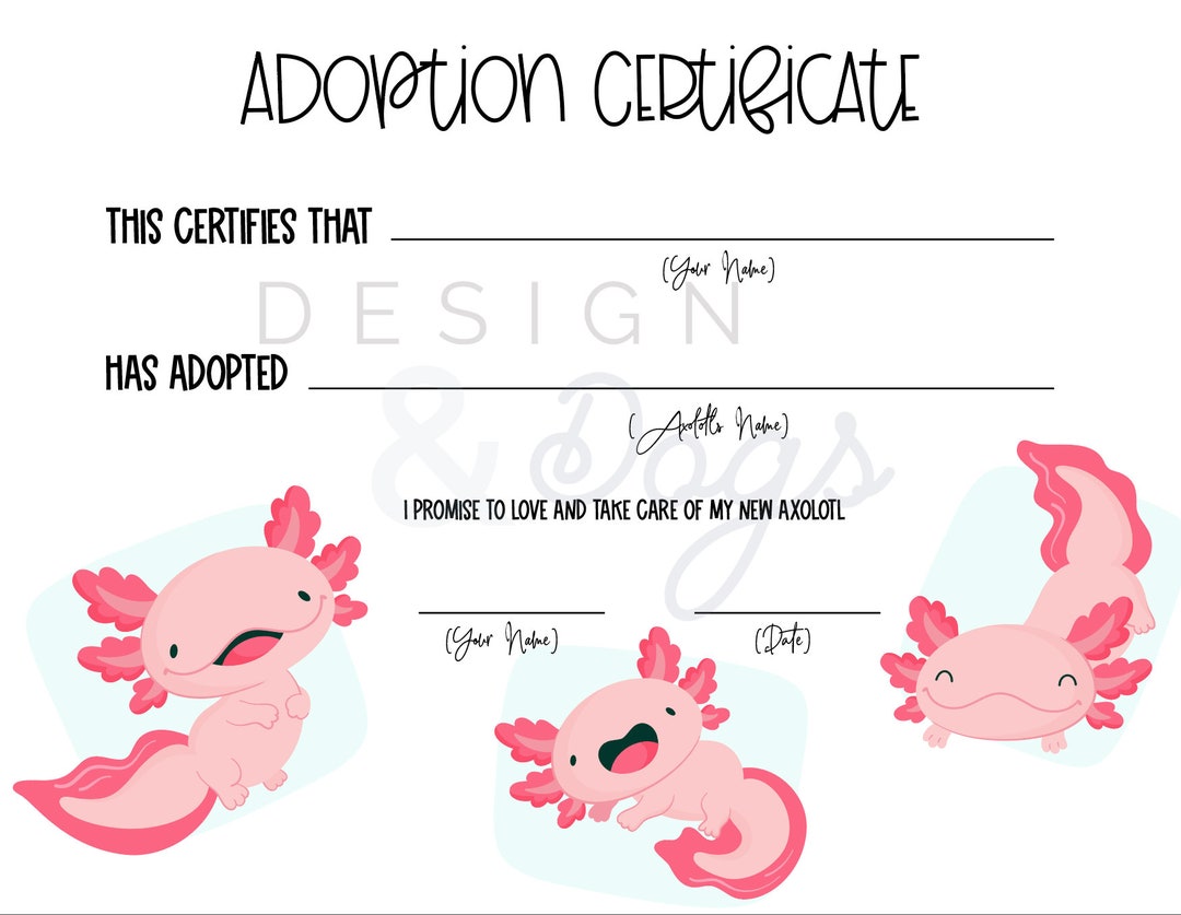 Axolotl Adoption Certificate Axolotl Pet Adoption Fish Adoption - Etsy UK