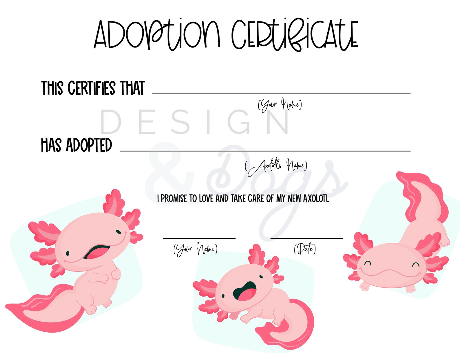 Axolotl Adoption Certificate Axolotl Pet Adoption Fish Adoption - Etsy