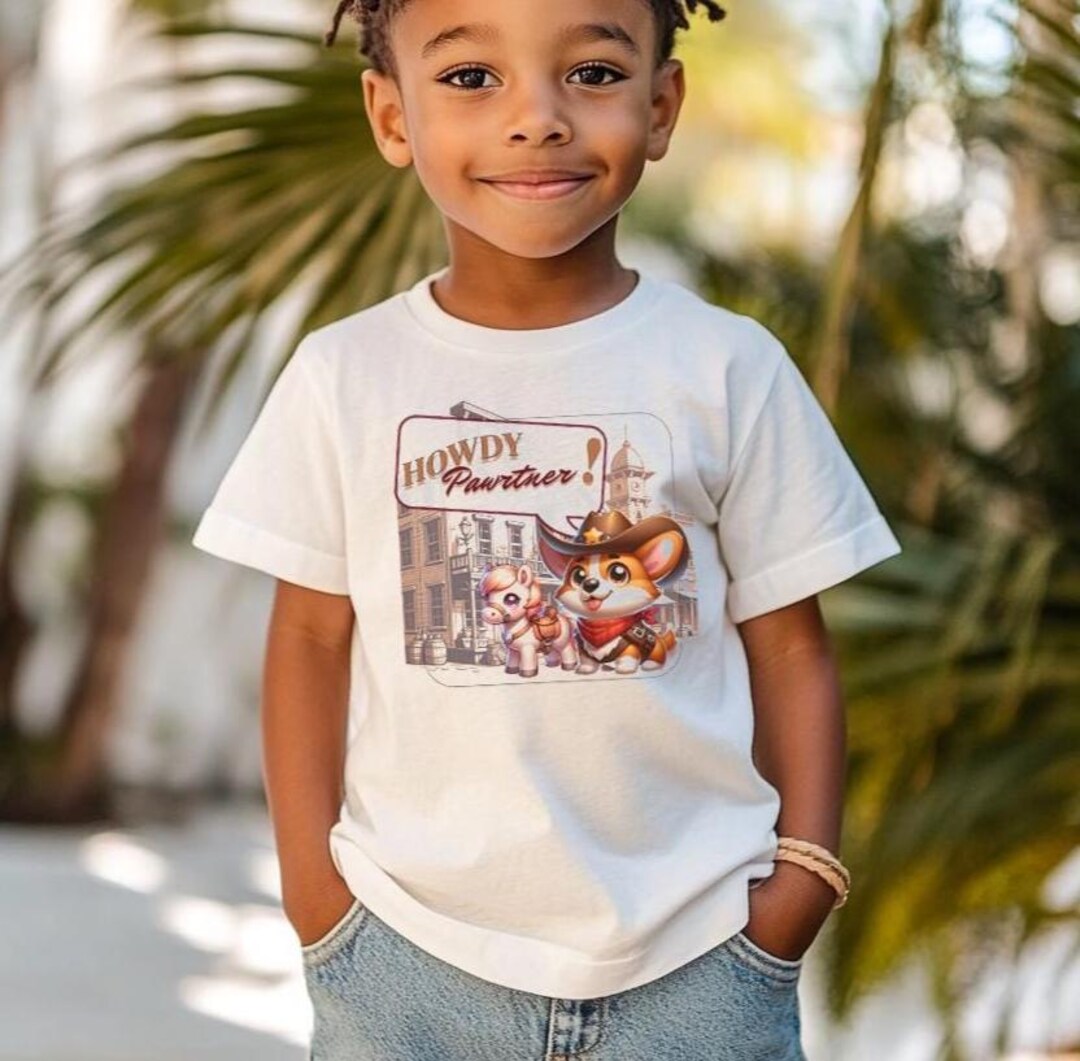 Howdy Paw-rtner Toddler Tee, Cowboy Corgi Child's Shirt, Cute Kids ...