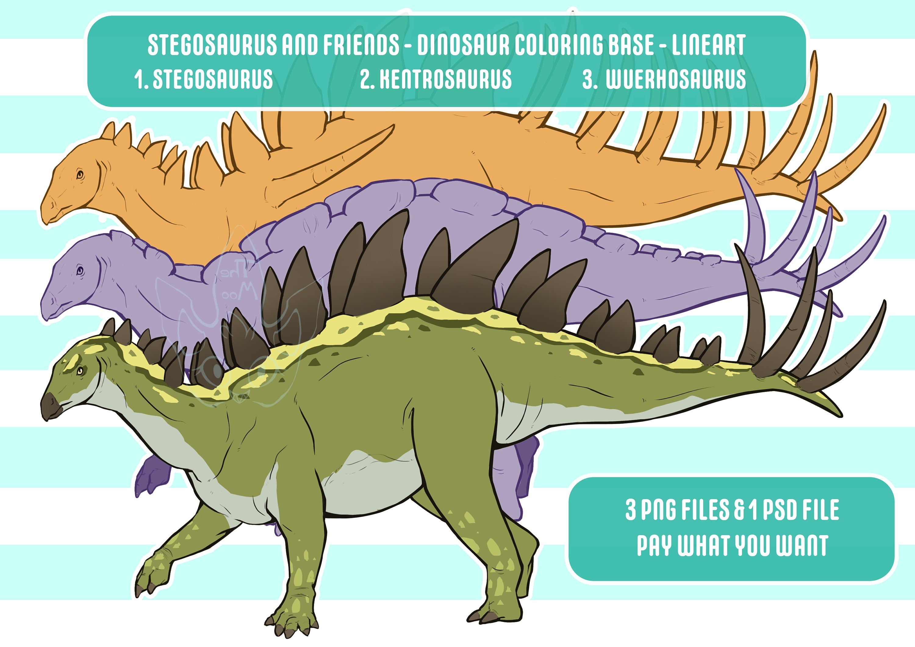 Stegosaurus and Friends - Dinosaur Coloring Base - Lineart - Etsy