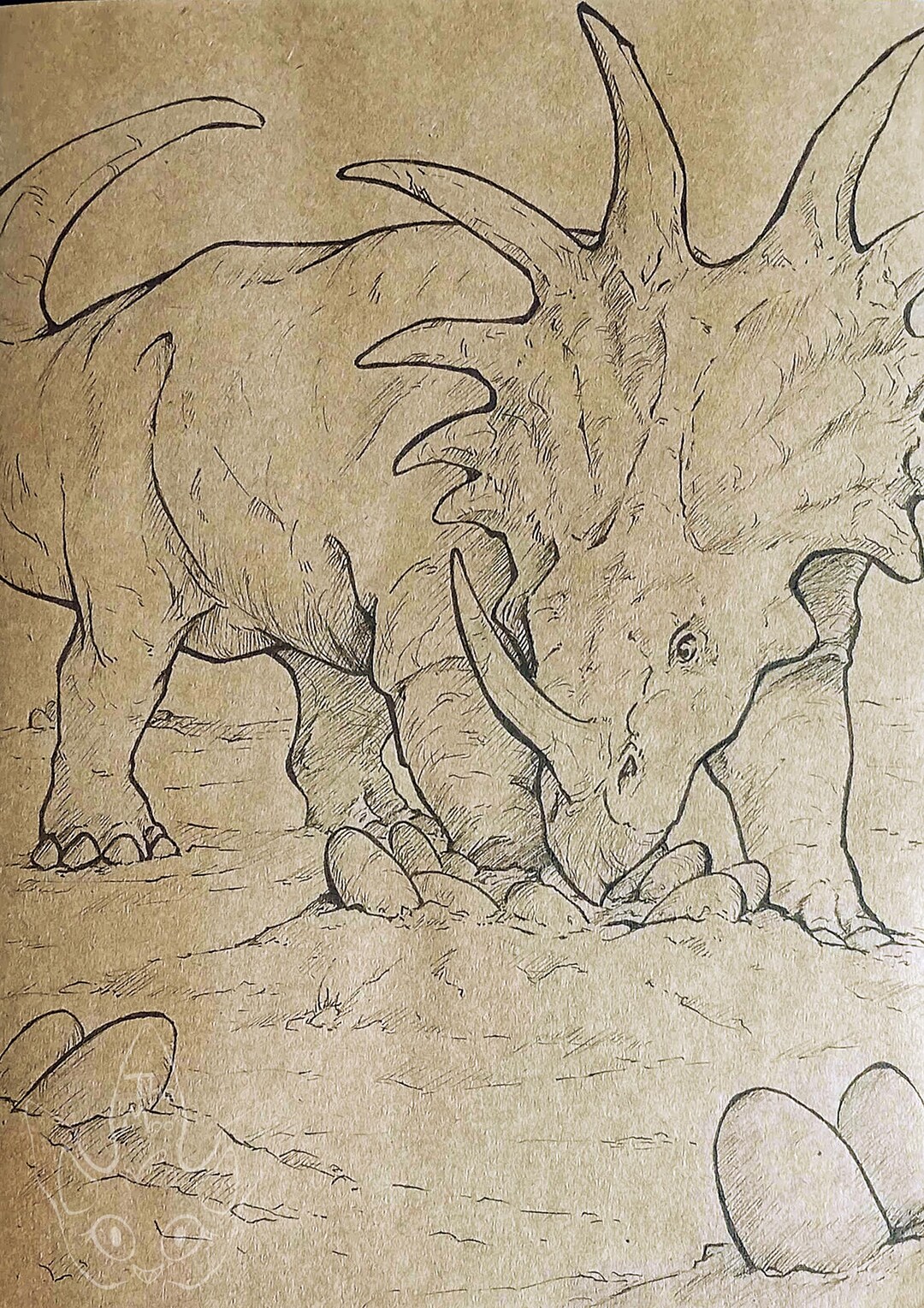 A Parents Care - Original Dinosaur Drawing on Brown Paper 21 Cm X 30 Cm ...