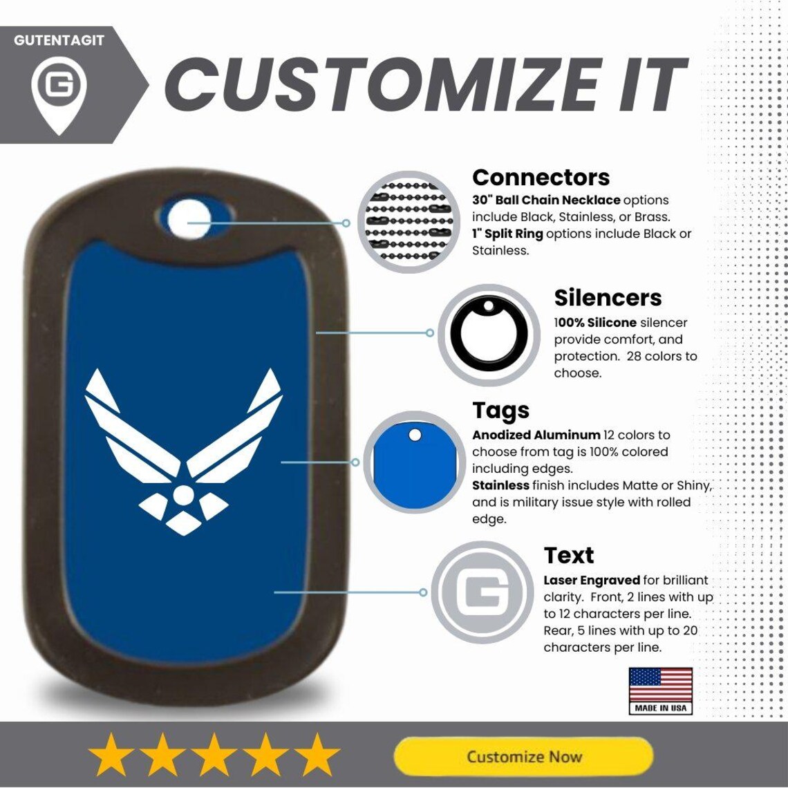 Air Force Dog Tag Necklace - Custom Engraved Military Style Dog Tag ...