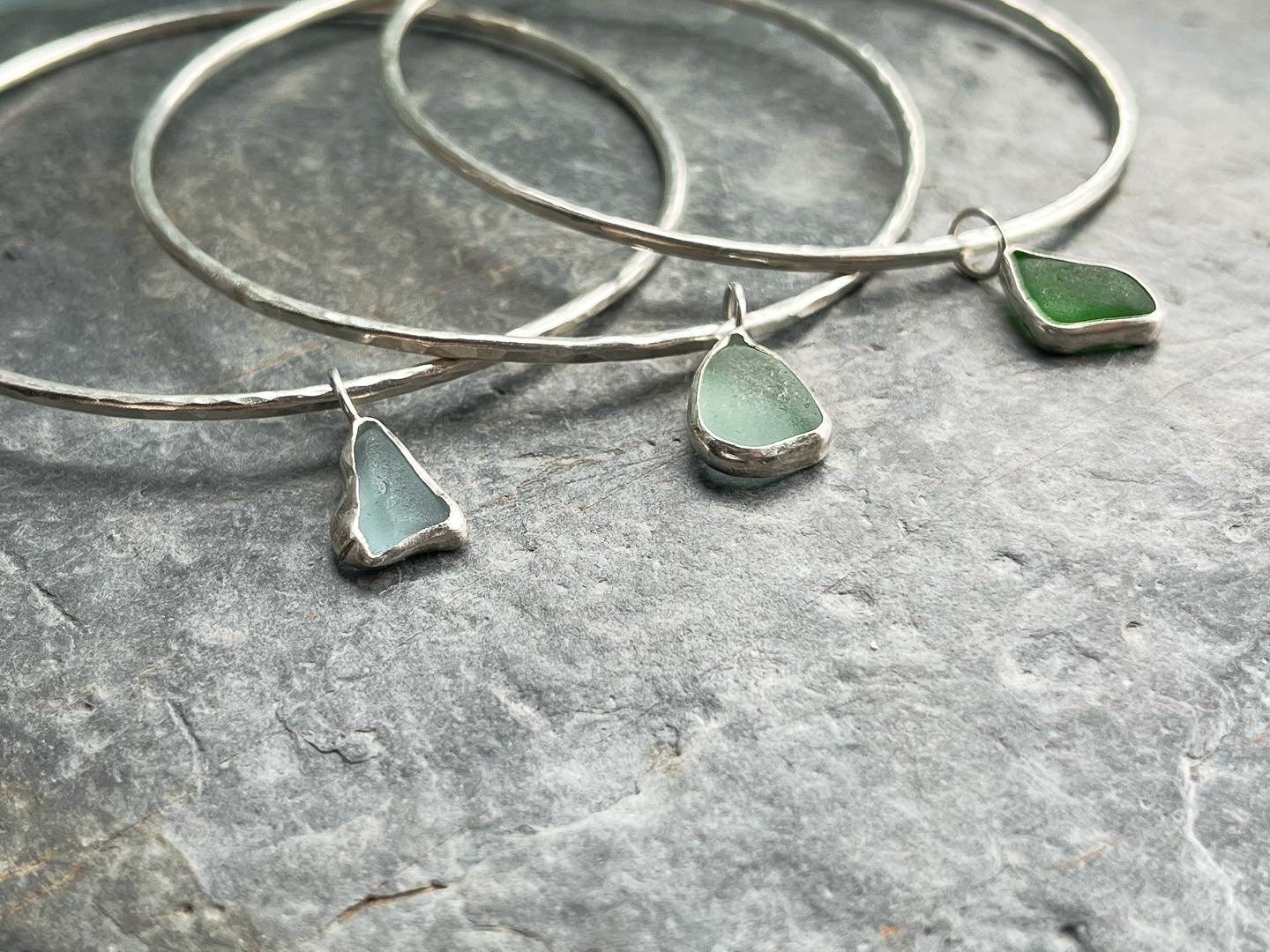 Sea Glass Bangle Silver Bangle Beach Glass Bangle Cornish Gift Jewellery From Cornwall Hammered ...