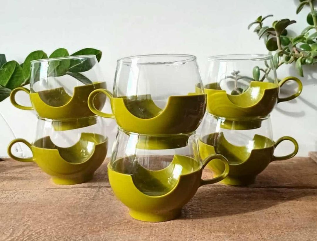 Set (6) Pyrex Roly Poly MCM Coffee Cups Mugs, Clear Glass W/ Avocado ...