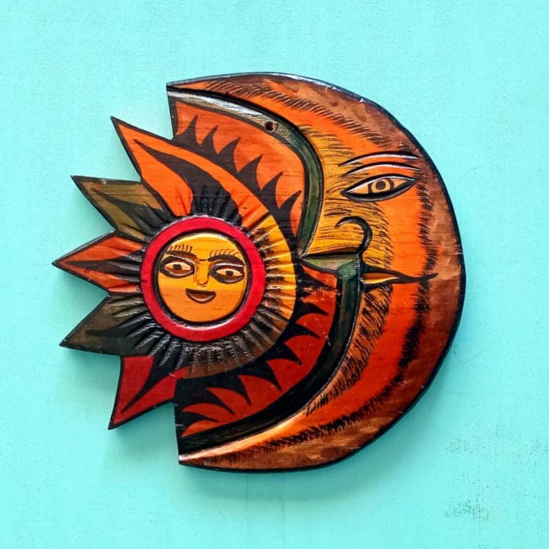 Celestial Sun Moon Carved Wood Wall Art Vintage, Painted, Carving ...