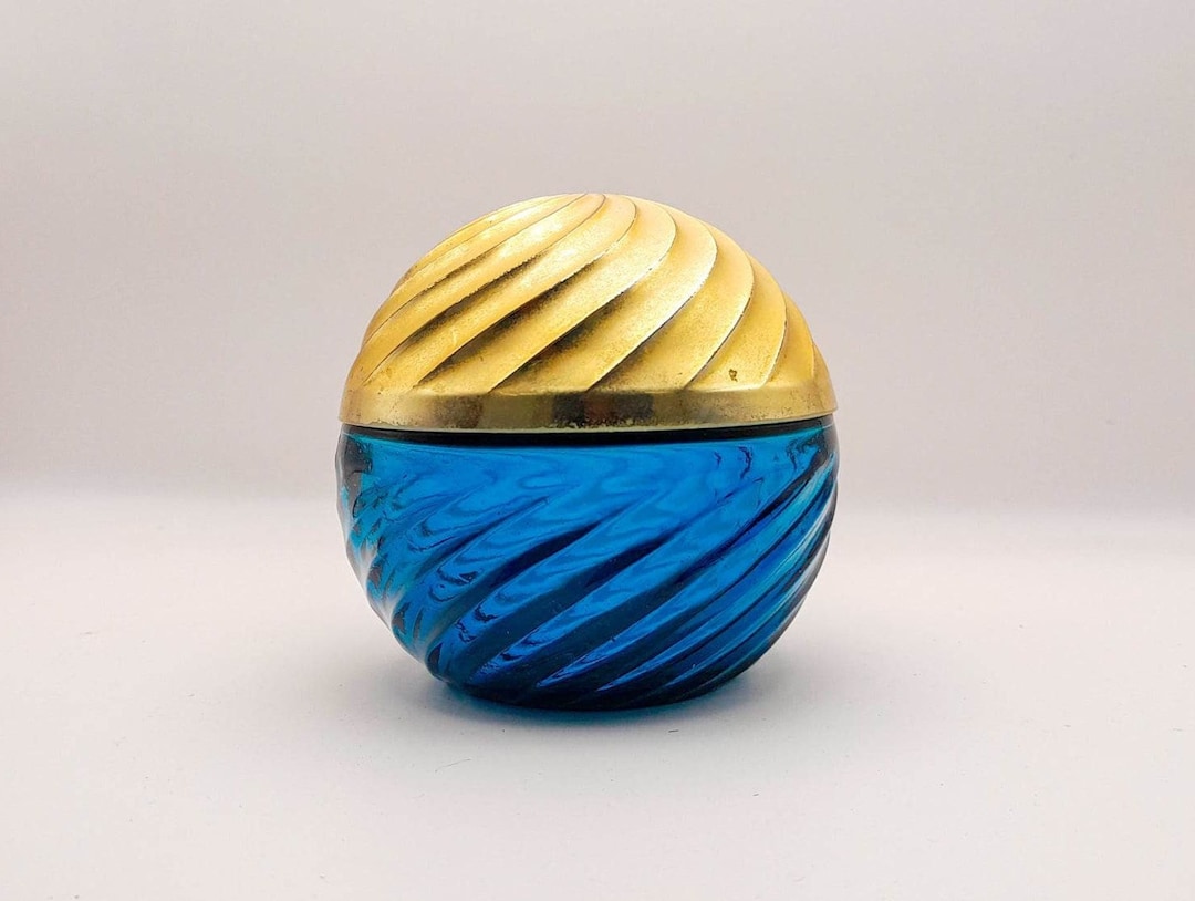 Avon Teal Blue Glass Swirl Cream Jar, Gold Plastic Lid, Vintage Beauty ...