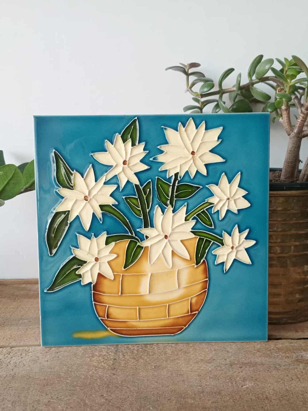 Floral Wall Hanging, Hand Glazed Ceramic Tile, Blue White Flower ...
