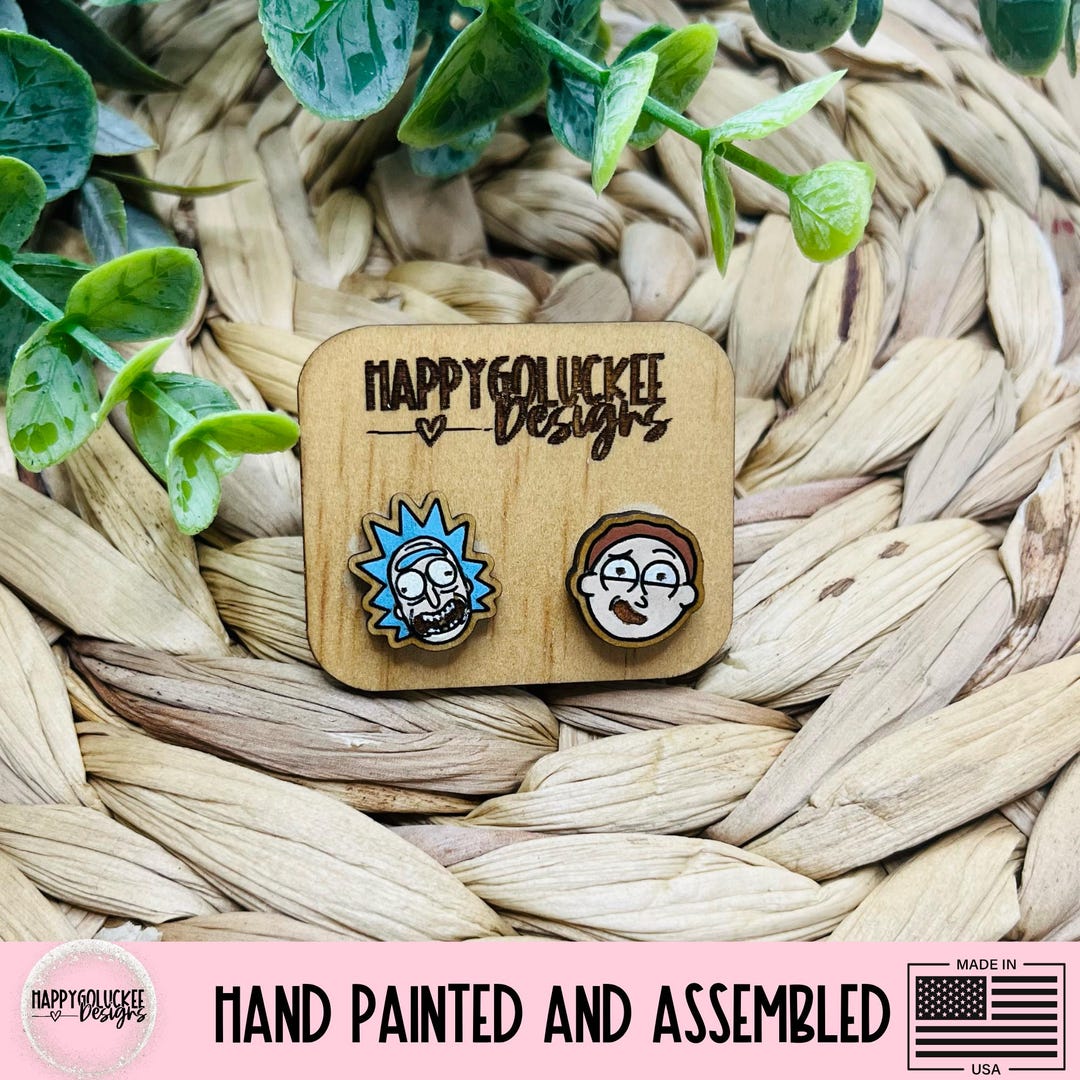 Character Inspired Earrings / Hand Painted Wooden Rickard Studs / Mort ...