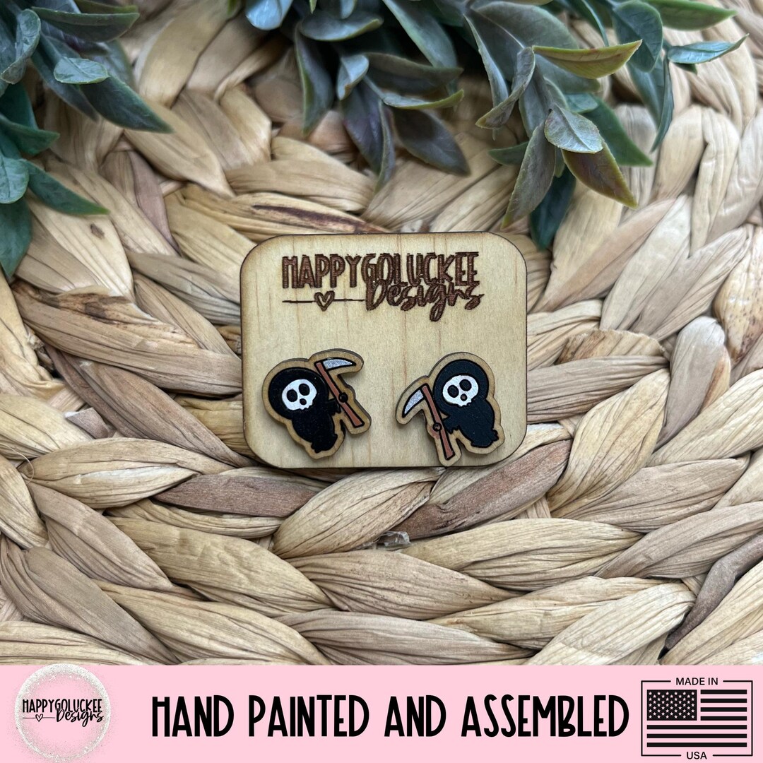 Cute Grim Reaper Wooden Hand Painted Ghost Stud Earrings / Scythe ...