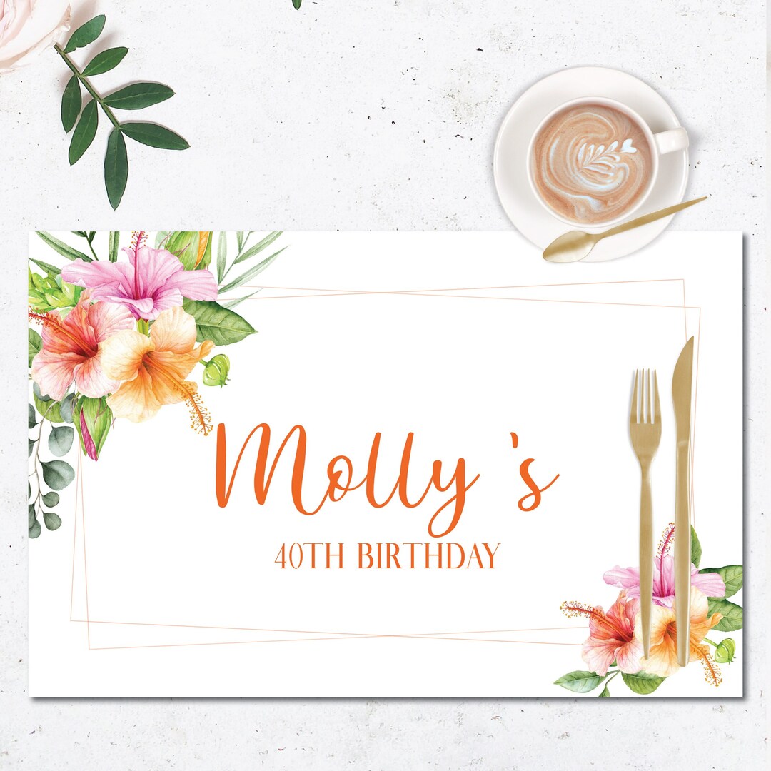 Printable Party Placemats | Editable Hibiscus Floral Table Decor for ...