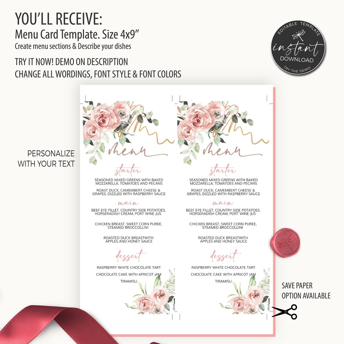 Dusty Pink Roses Menu Cards Template Blush Gold Greenery - Etsy
