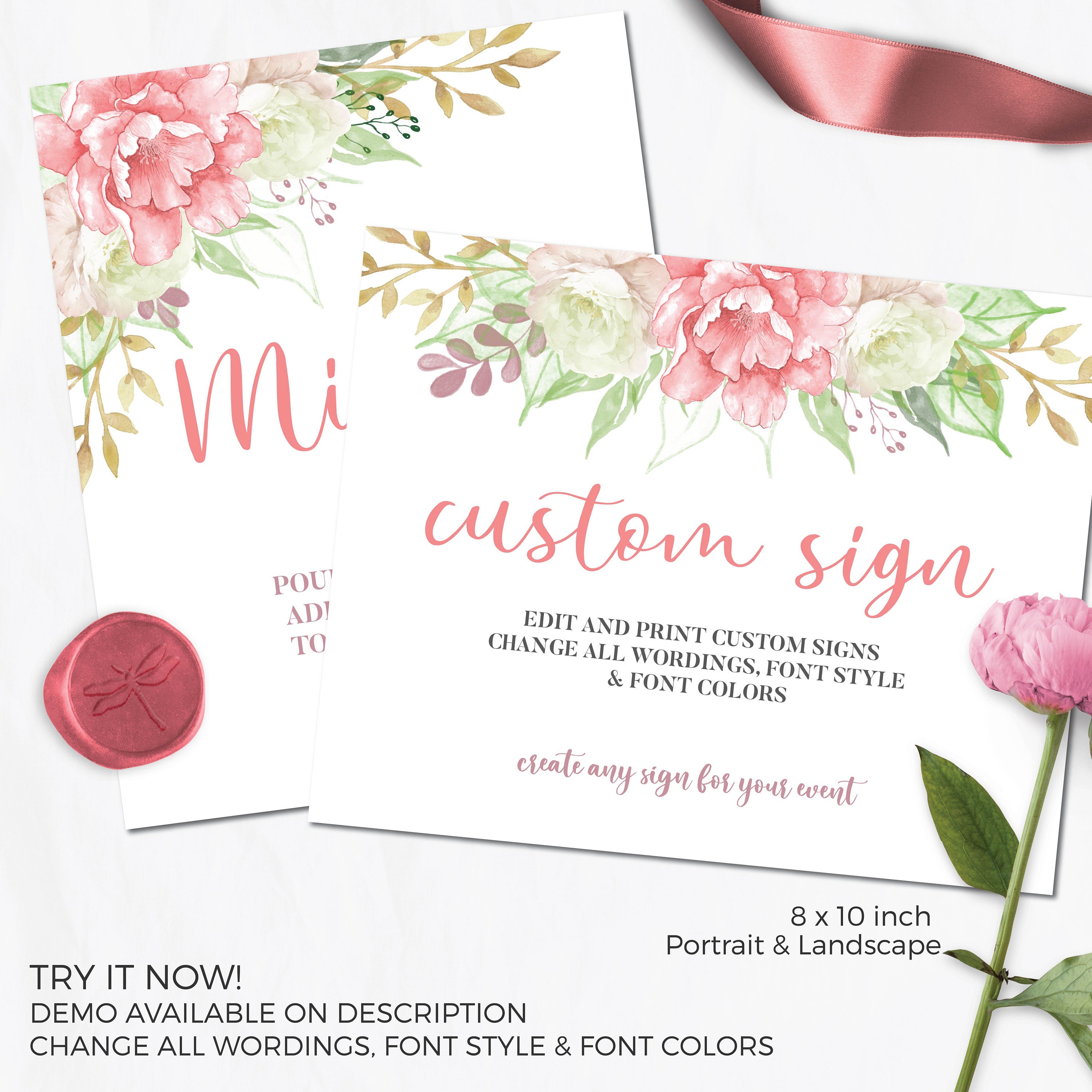 Set of 2 Pink Floral Greenery Signs, Flowers Custom Sign, Wedding ...