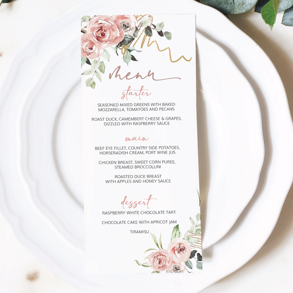 Dusty Pink Roses Menu Cards Template Blush Gold Greenery - Etsy