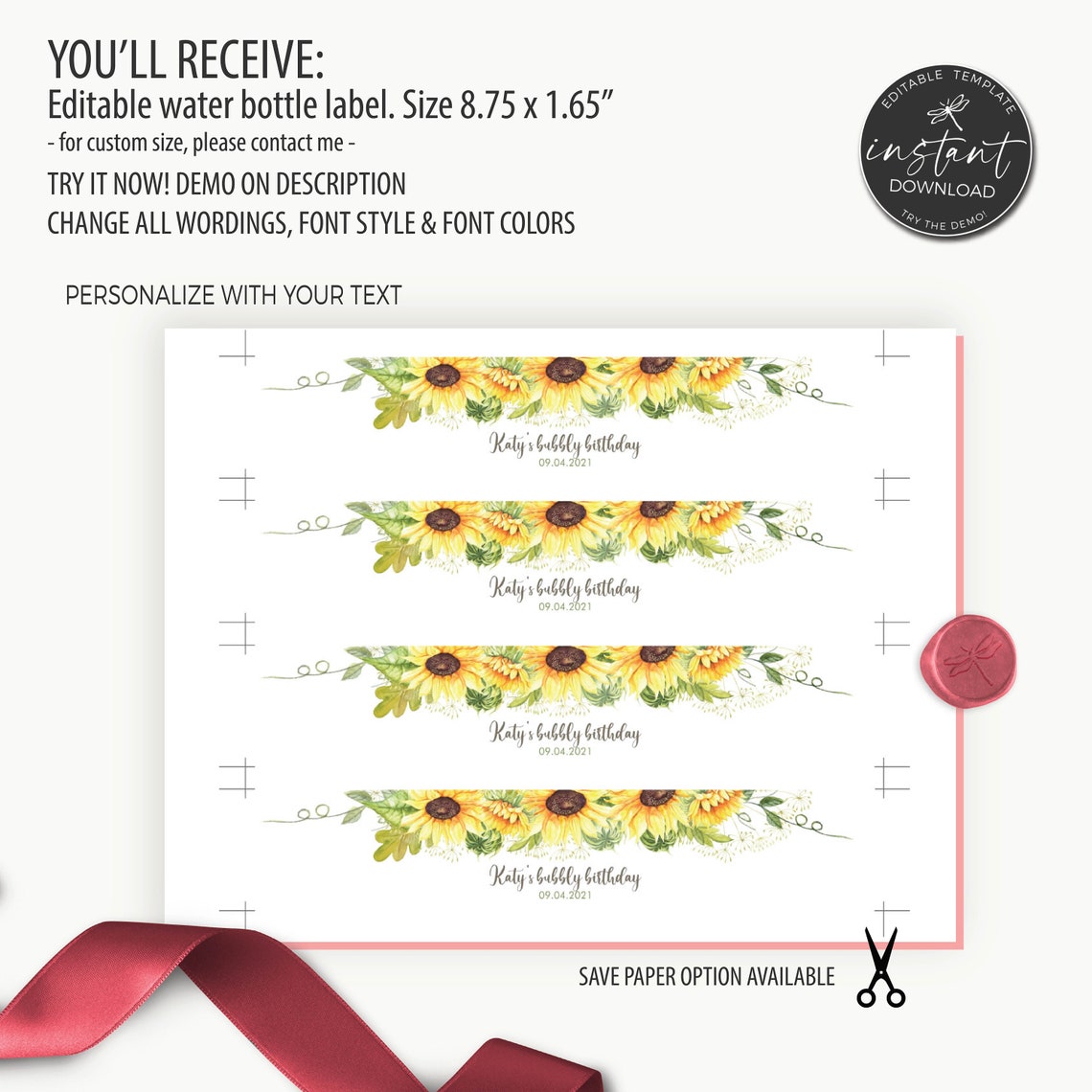 Sunflower Bridal Shower Water Bottle Labels, Sunflower Party Favors ...