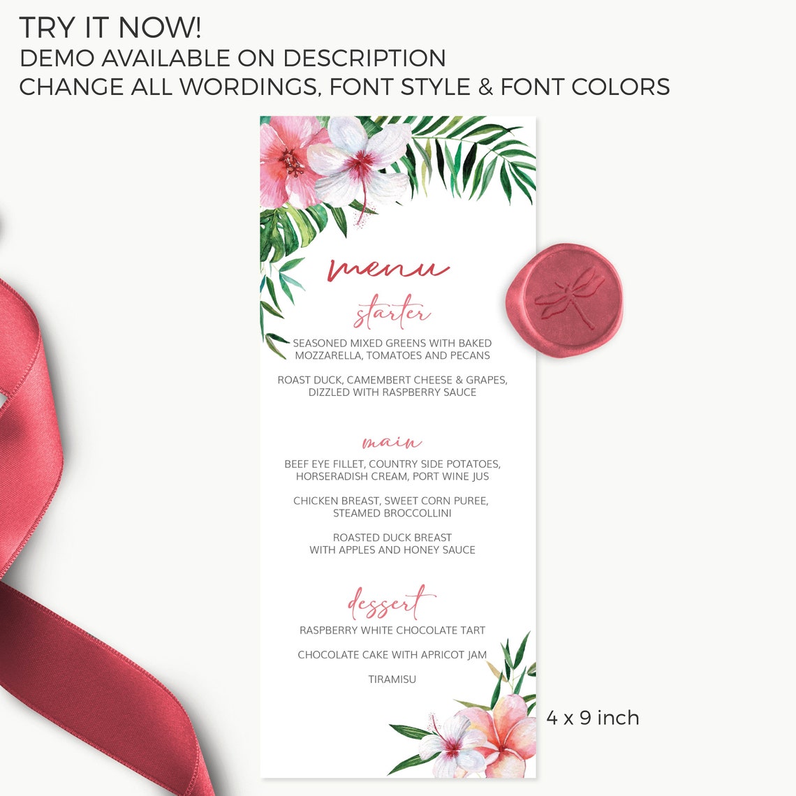 Tropical Bridal Shower Menu Cards Template Flowers Dinner - Etsy