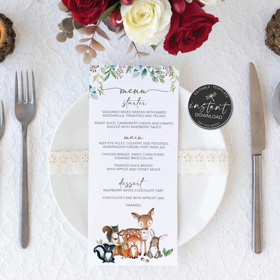 Templates Invitations & Announcements EDITABLE Woodland Menu Cards ...