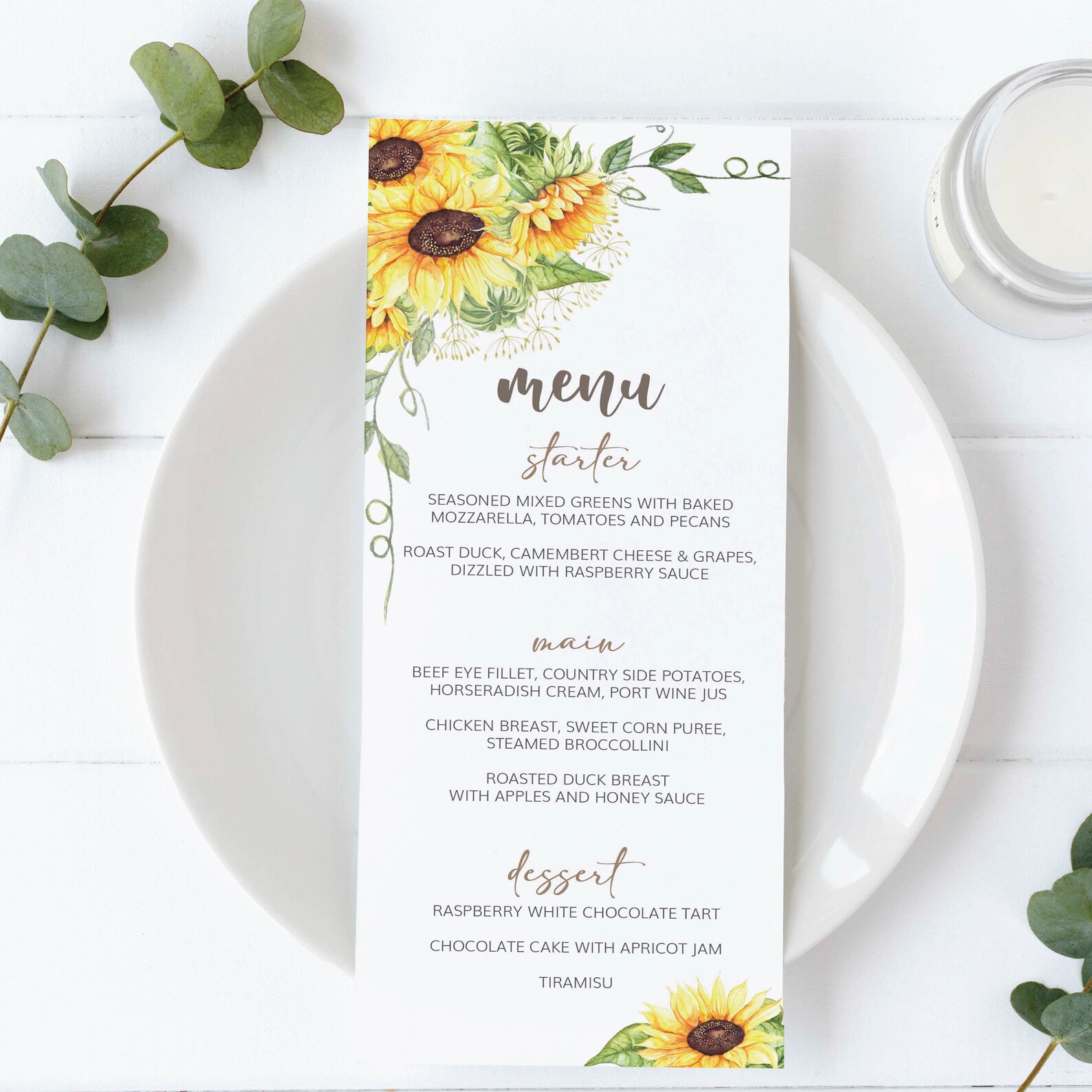Sunflower Menu | Floral Menu Cards | Sunflower Bridal Shower Menu ...