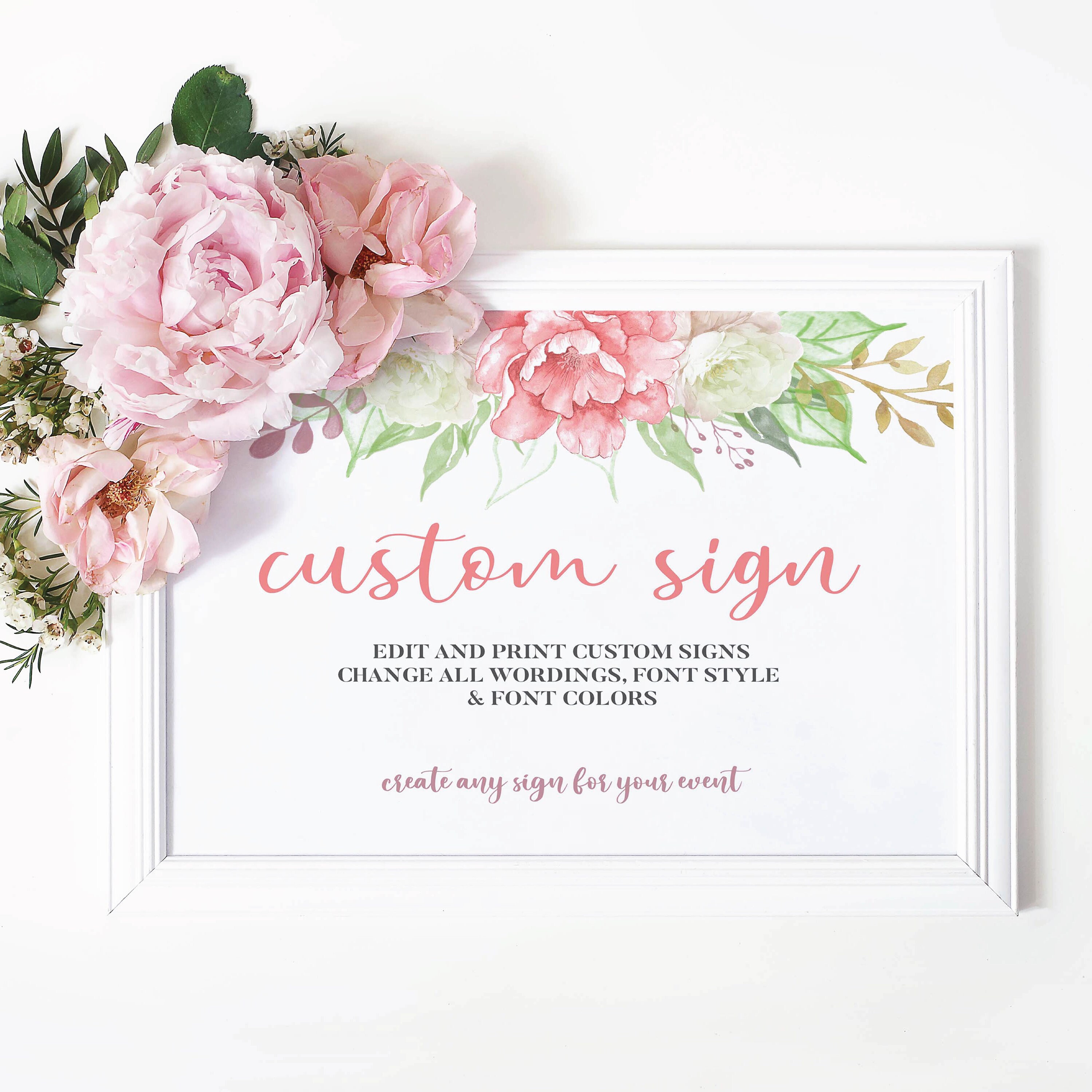 Set of 2 Pink Floral Greenery Signs, Flowers Custom Sign, Wedding ...