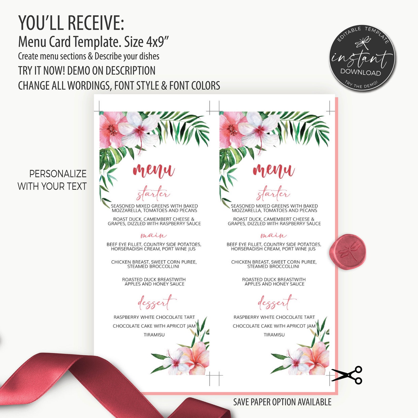 Tropical Bridal Shower Menu Cards Template Flowers Dinner - Etsy
