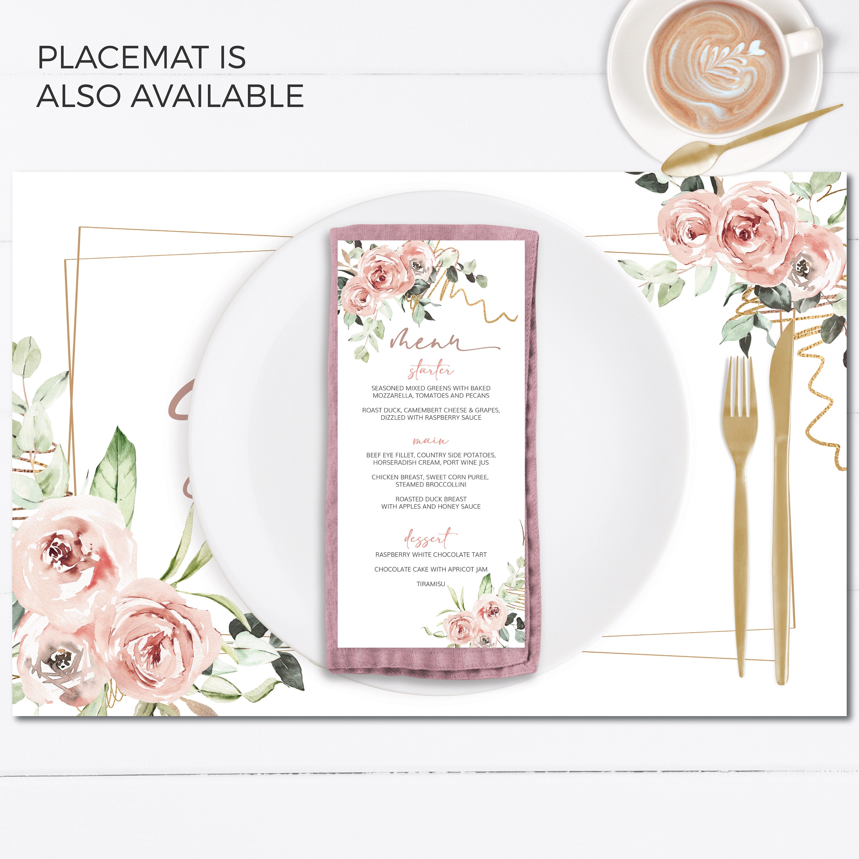 Dusty Pink Roses Menu Cards Template Blush Gold Greenery - Etsy