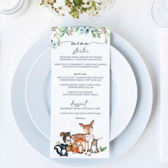Templates Invitations & Announcements EDITABLE Woodland Menu Cards ...
