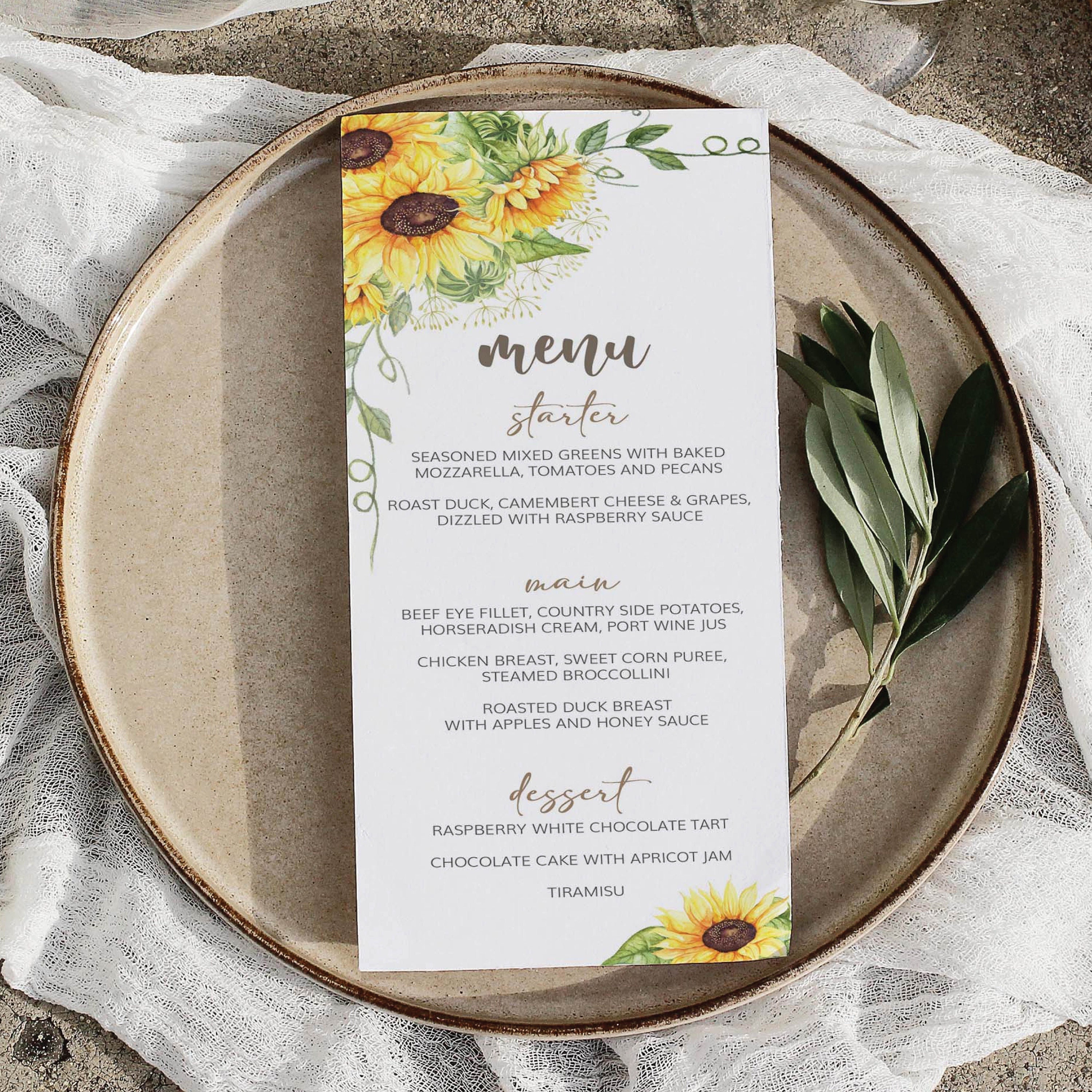 Sunflower Menu | Floral Menu Cards | Sunflower Bridal Shower Menu ...