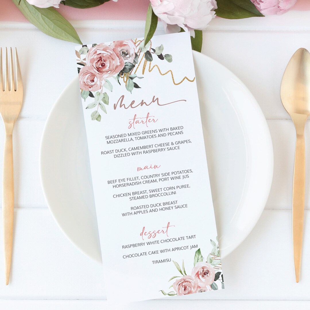 Dusty Pink Roses Menu Cards Template Blush Gold Greenery - Etsy
