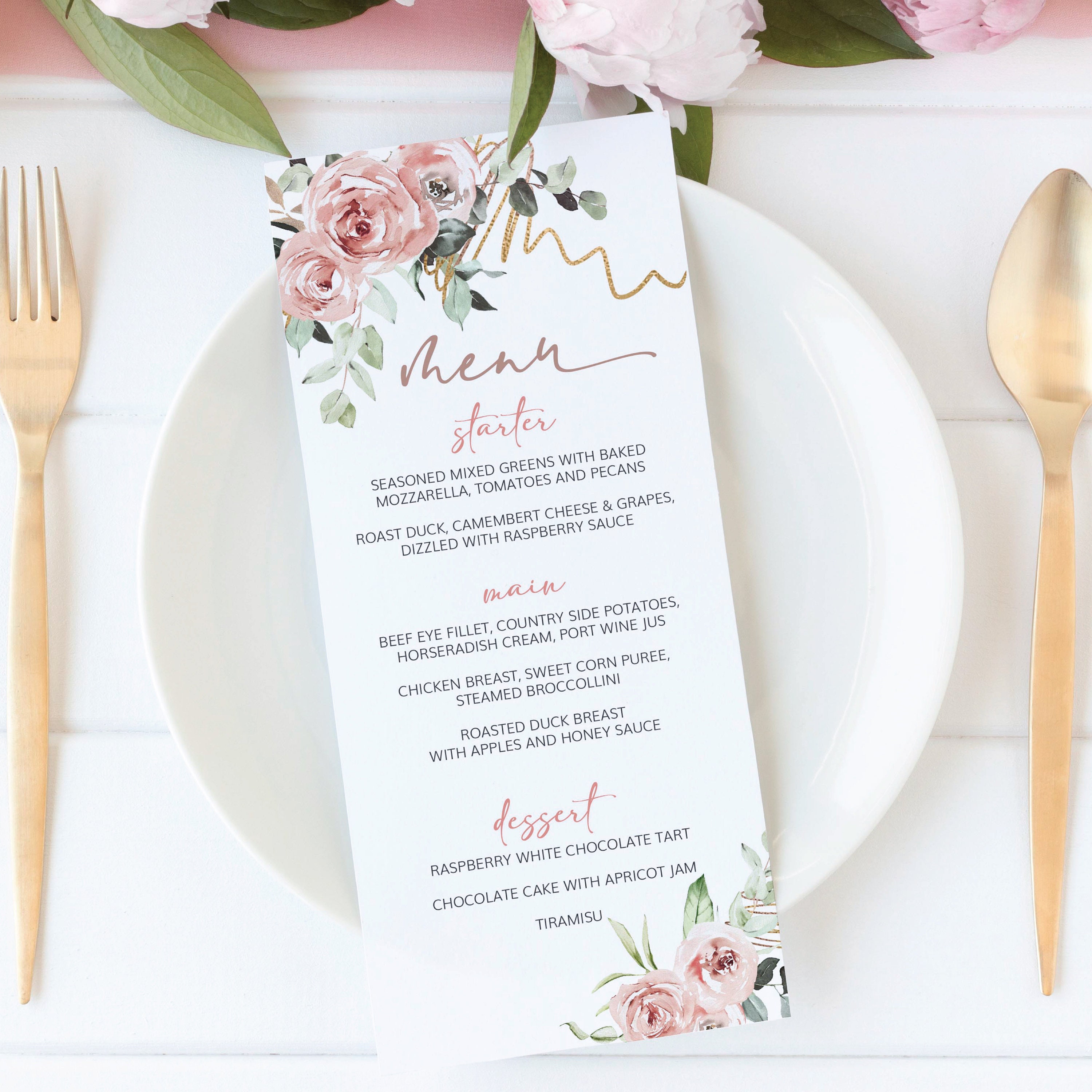 Dusty Pink Roses Menu Cards Template Blush Gold Greenery - Etsy