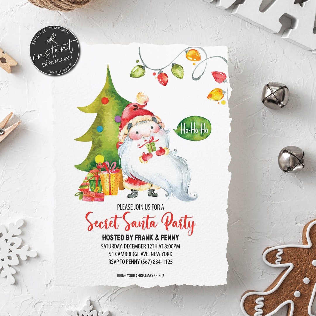 Editable Santa Claus Christmas Invitations Secret Santa Invitations ...