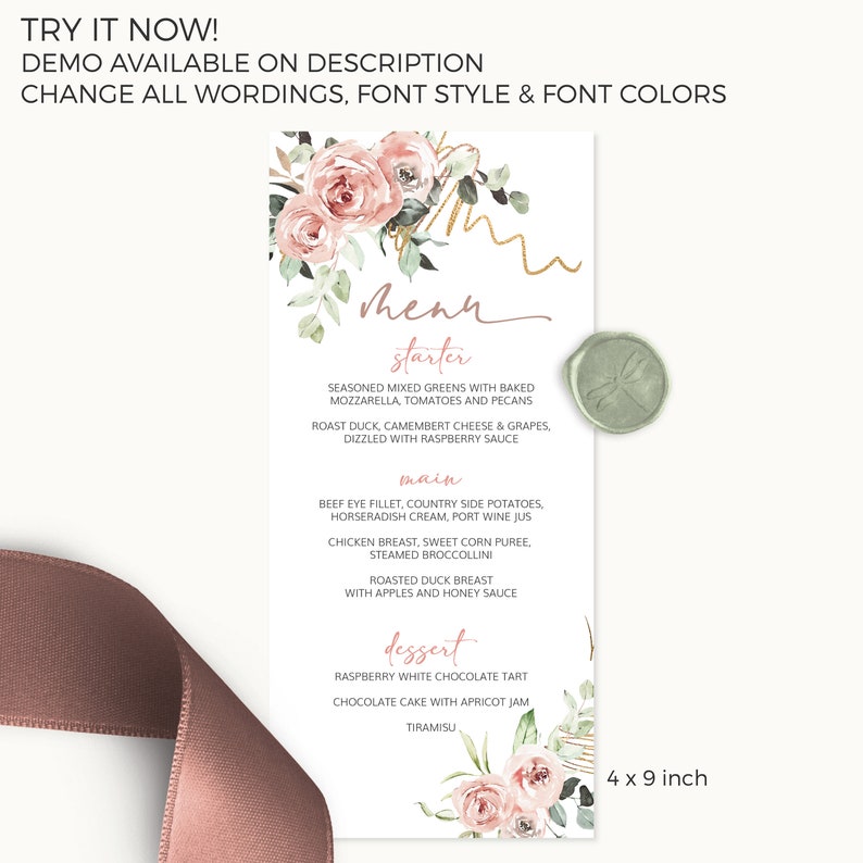 Dusty Pink Roses Menu Cards Template Blush Gold Greenery - Etsy