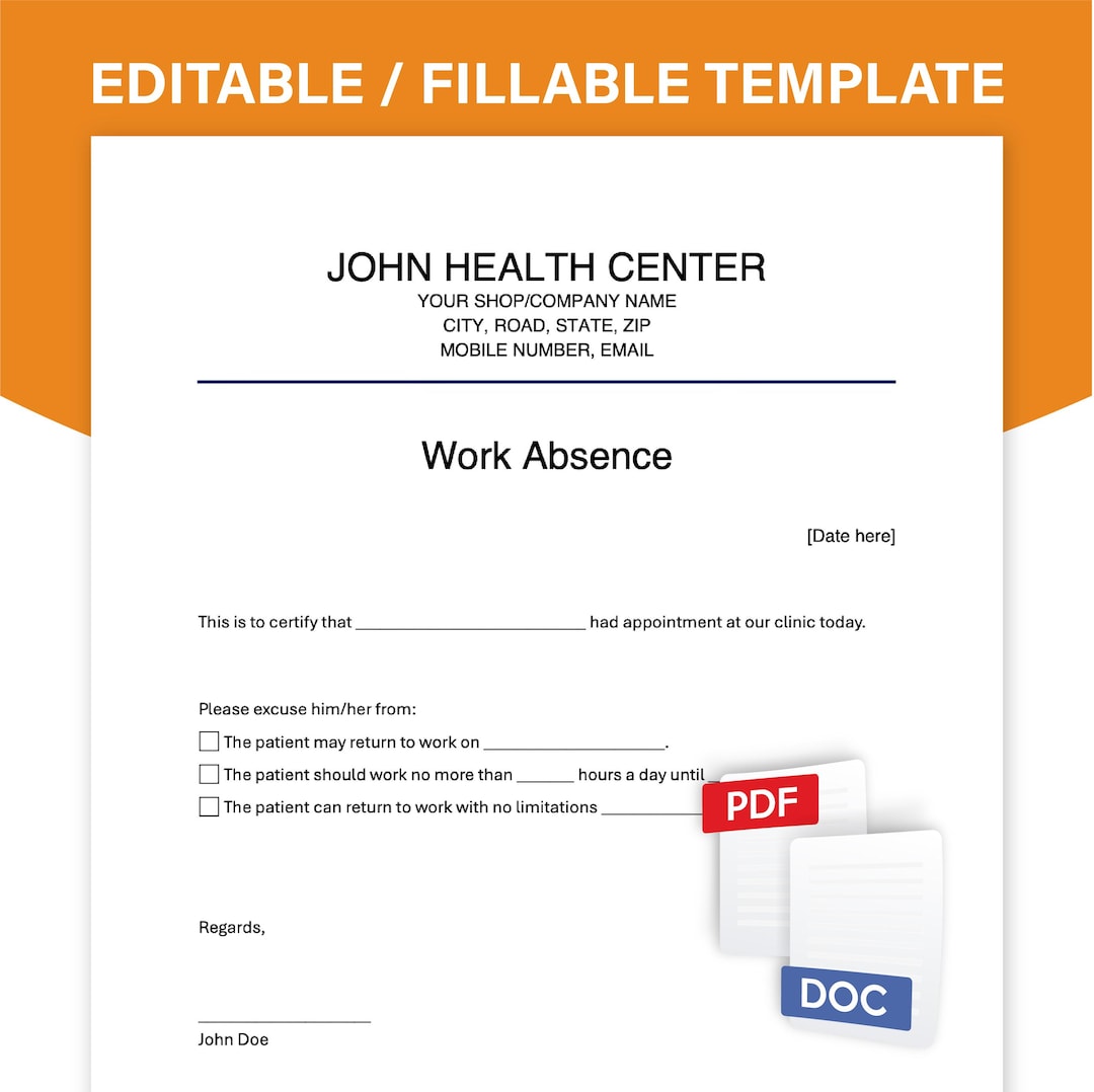 Work Absence Editable, Fillable Doctor Excuse Note, Fillable Doctor ...