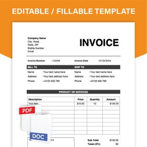 Editable Invoice Template in DOC and PDF, Microsoft Word Invoice, Blank ...