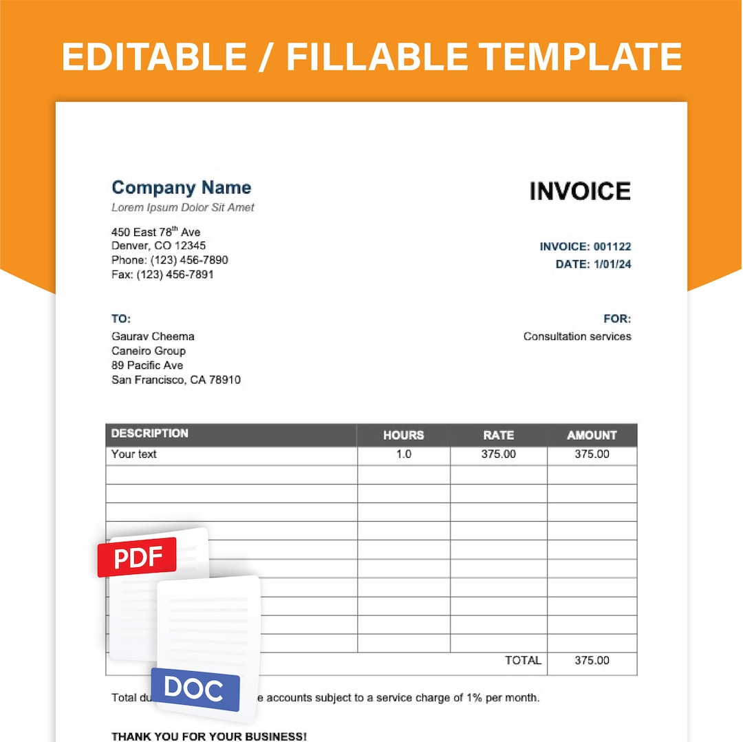 Editable Invoice Template in DOC and PDF, Microsoft Word Invoice, Blank ...
