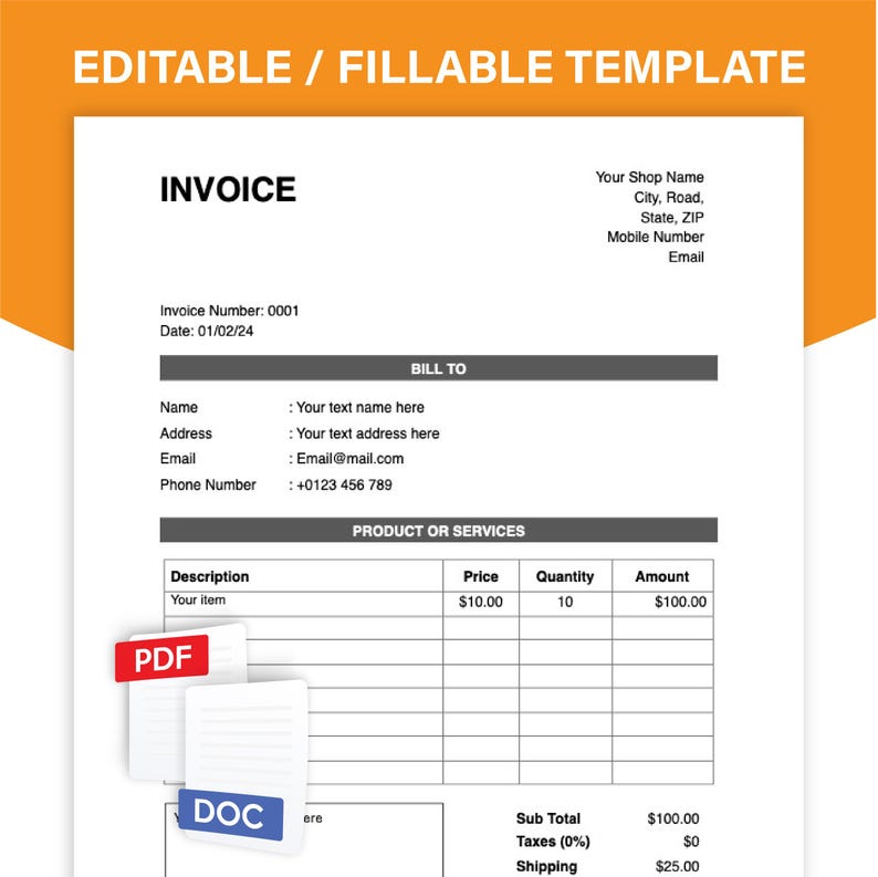 Editable Invoice Template in DOC and PDF, Microsoft Word Invoice, Blank ...