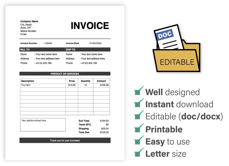 Editable Invoice Template In Doc And Pdf Microsoft Word Invoice Blank