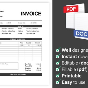 Editable Invoice Template in DOC and PDF, Microsoft Word Invoice, Blank ...