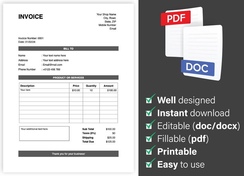 Editable Invoice Template in DOC and PDF, Microsoft Word Invoice, Blank ...