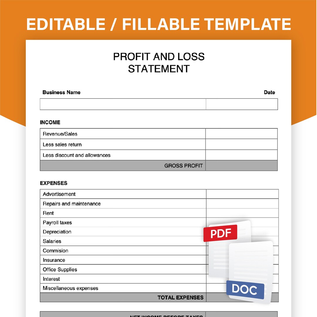 Profit and Loss Statement Template Editable, Expense Report Fillable ...