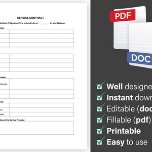 Service Contract Template, Service Contract Editable, Fillable Service ...
