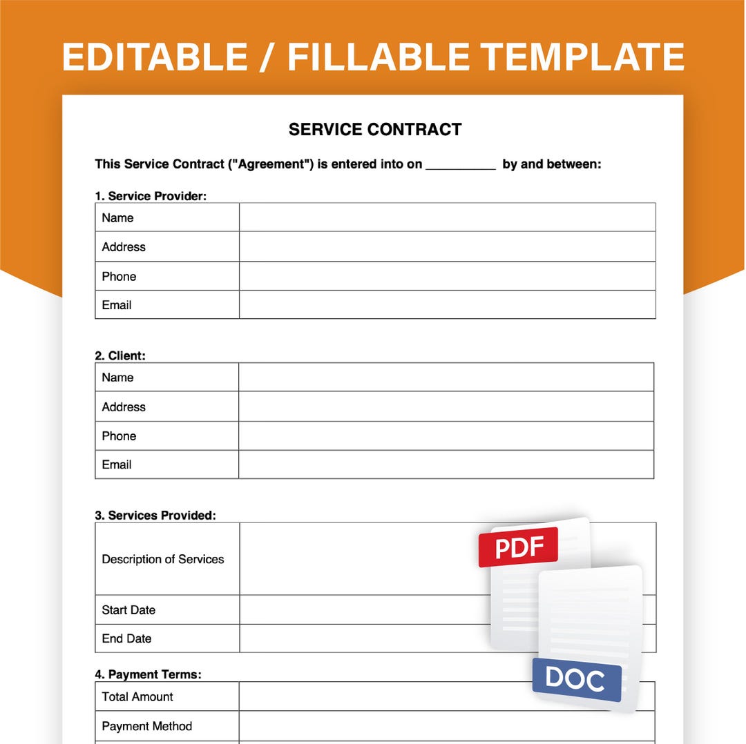 Service Contract Template, Service Contract Editable, Fillable Service ...