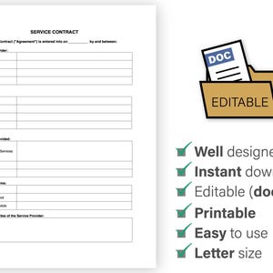 Service Contract Template, Service Contract Editable, Fillable Service ...