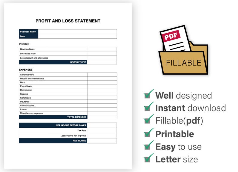Profit and Loss Statement Template Editable, Expense Report Fillable ...
