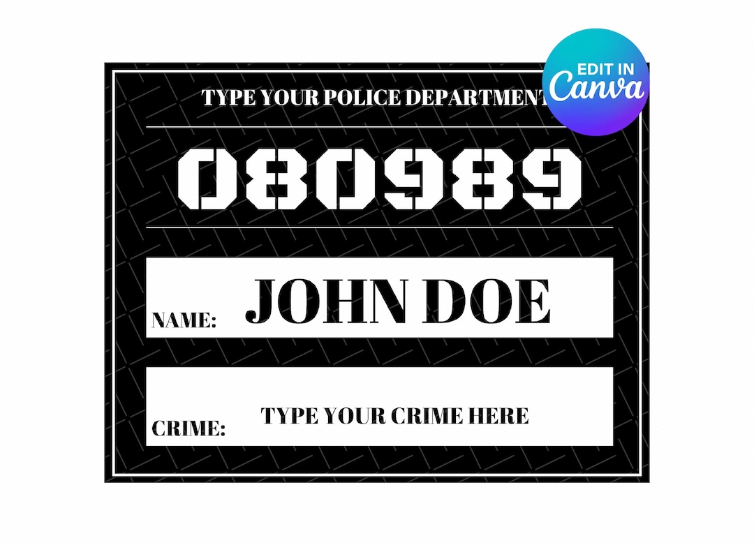 Mugshot Sign Board Editable, Mug Shot, Police Party, Canva Template, Canva Digital Template, A4 ...