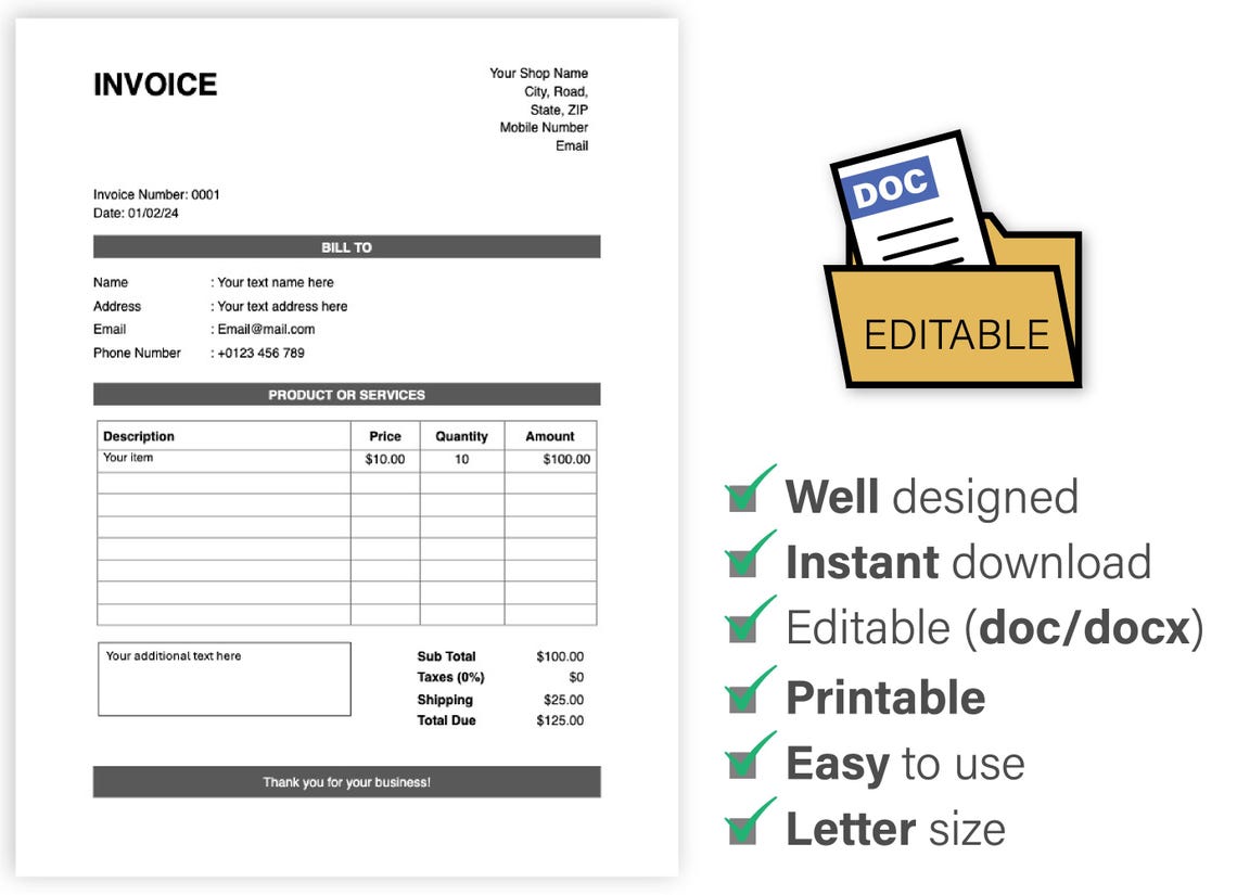Editable Invoice Template in DOC and PDF, Microsoft Word Invoice, Blank ...
