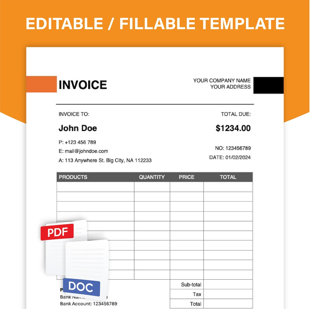 Editable Invoice Template in DOC and PDF, Microsoft Word Invoice, Blank ...