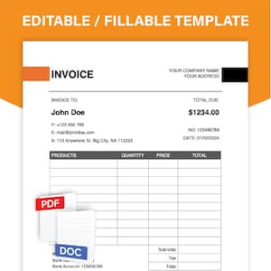 Editable Invoice Template in DOC and PDF, Microsoft Word Invoice, Blank ...