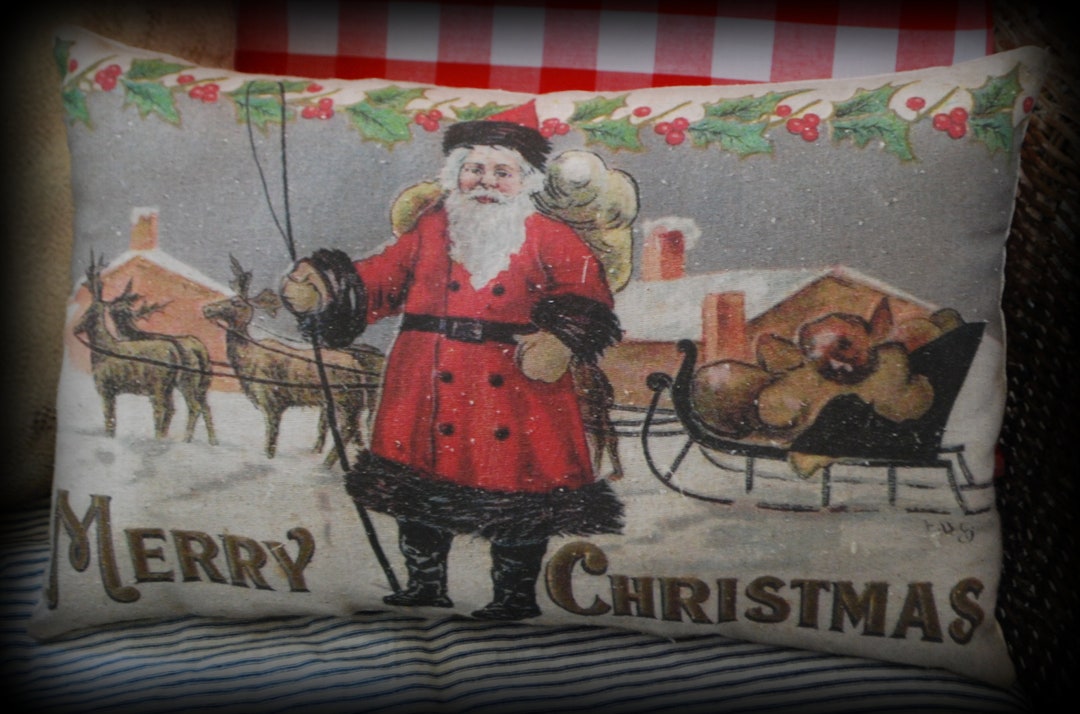 Merry Christmas Antique Santa Claus W Whip and Sleigh Old World Snow ...