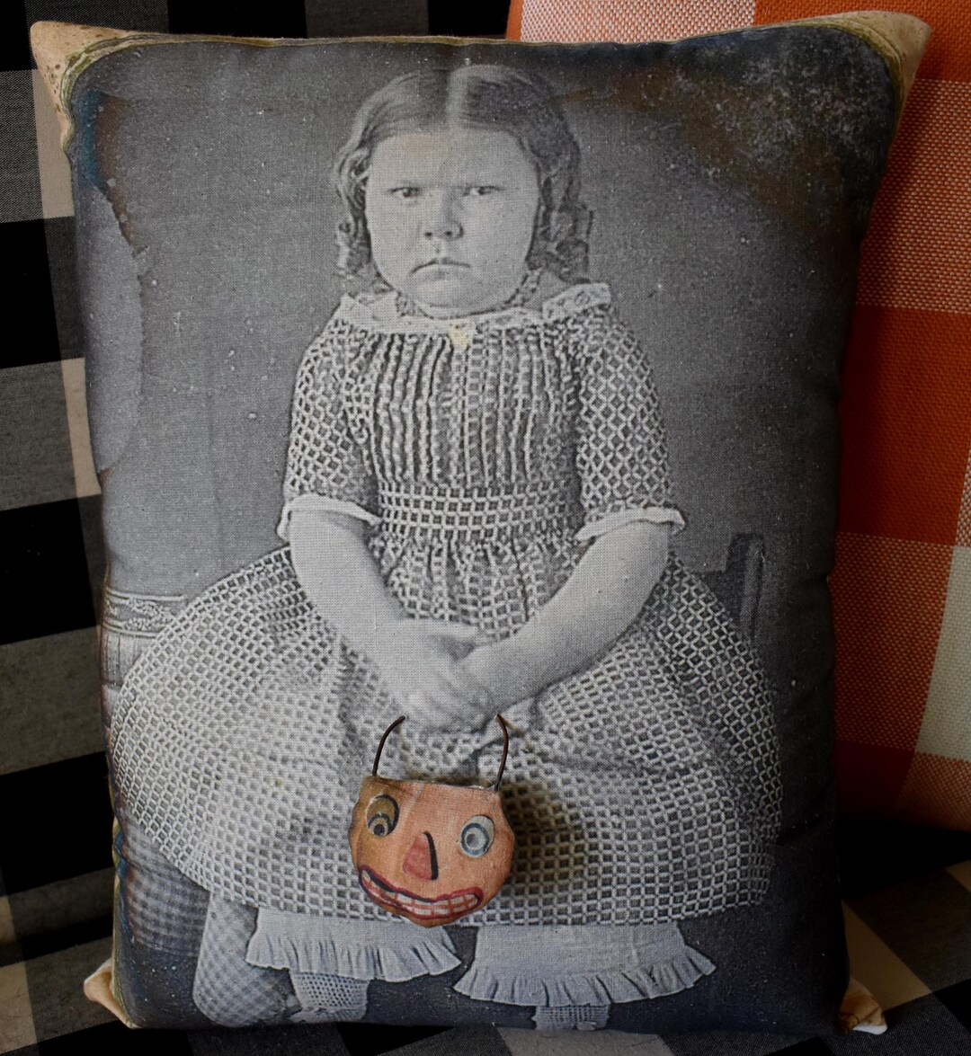 Halloween Antique Grumpy Girl With Vintage Pumpkin Bucket Pillow - Etsy